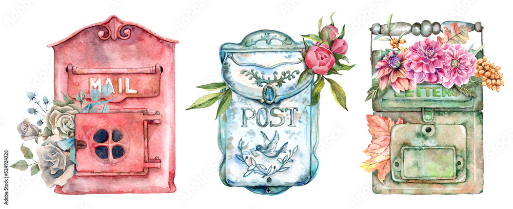 Watercolor vintage mailboxes with flowers and leaves. Post office ...