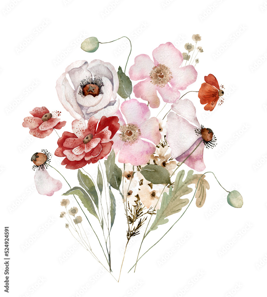 Boho wildflowers, herbs bouquet painted in watercolor. Dried pampas ...