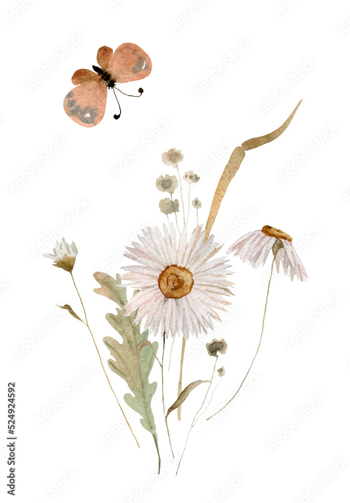 Boho wildflowers, herbs bouquet painted in watercolor. Dried pampas ...