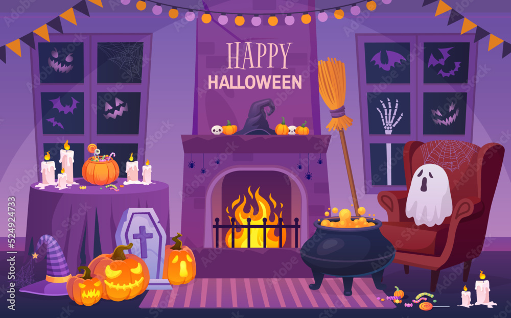 Halloween interior. Magic house party celebration indoors scary home ...
