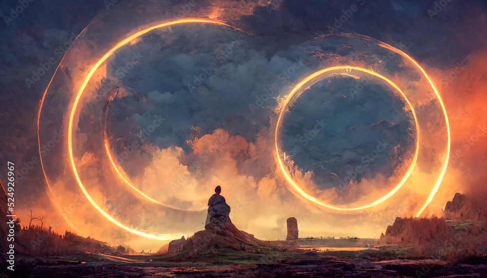 Giant floating circular ancient stone sacred structure. Abstract ...