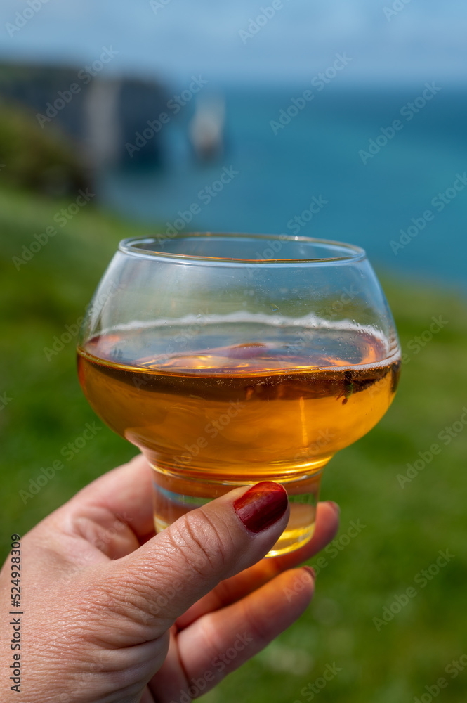 Woman's hand with glass of apple cider drink and view on on green grass ...
