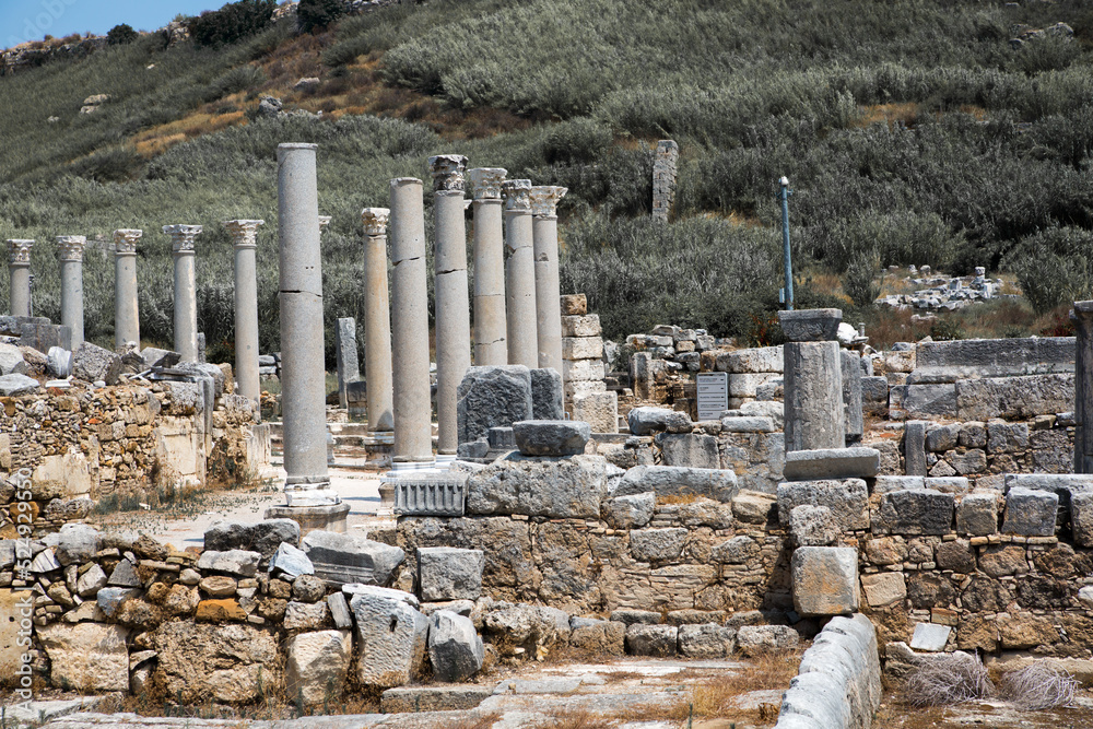 Roman ruins. Colonnaded street of city Perge. Ancient Greek colony from ...