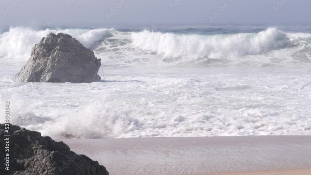 Big huge pacific ocean waves crashing on sandy beach, power of nature ...