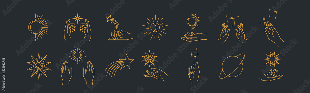 Aesthetic astral hands. Collection of cosmic and celestial elements ...