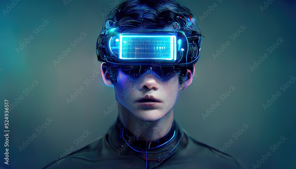 Raster illustration of man wearing VR glasses with wires. Personal ...