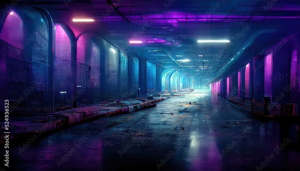 Raster illustration of old abandoned underground bunker with neon ...