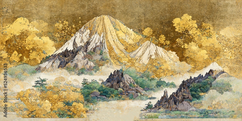 Raster illustration of drawn mountains and rocks in japanese style ...