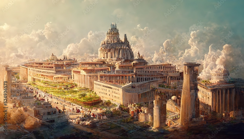Raster illustration of ancient city of ancient greece or ancient rome ...
