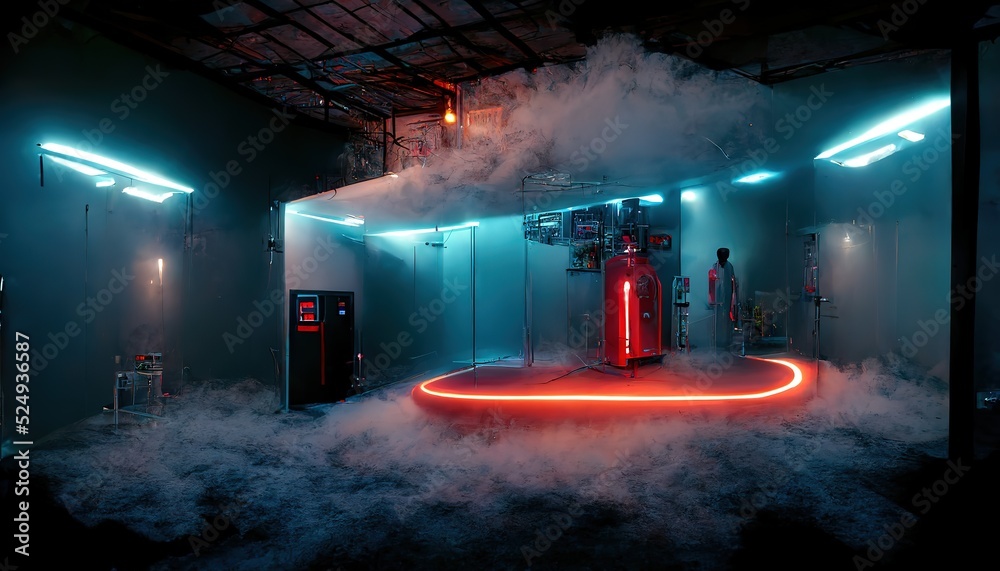 Raster illustration of Luminous showcases. Blue, red color, neon glow ...