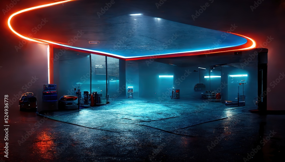 Raster illustration of Luminous showcases. Blue, red color, neon glow ...