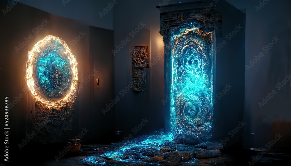 Raster illustration of Portal in the secret room. Magic portal in the ...