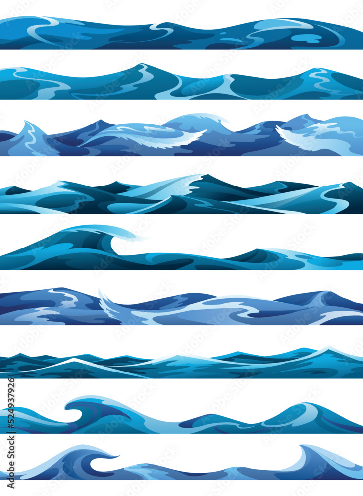 Ocean or sea decorative water waves. Vector set of horisontal patterns ...