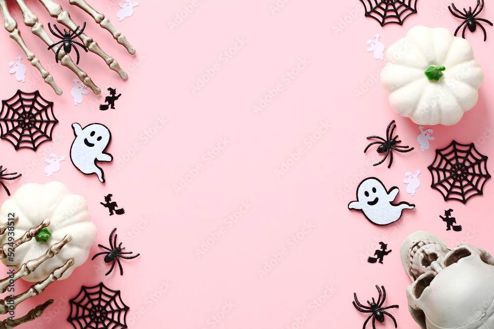 Pink Halloween background with cute decorations, ghosts, spiders, web ...