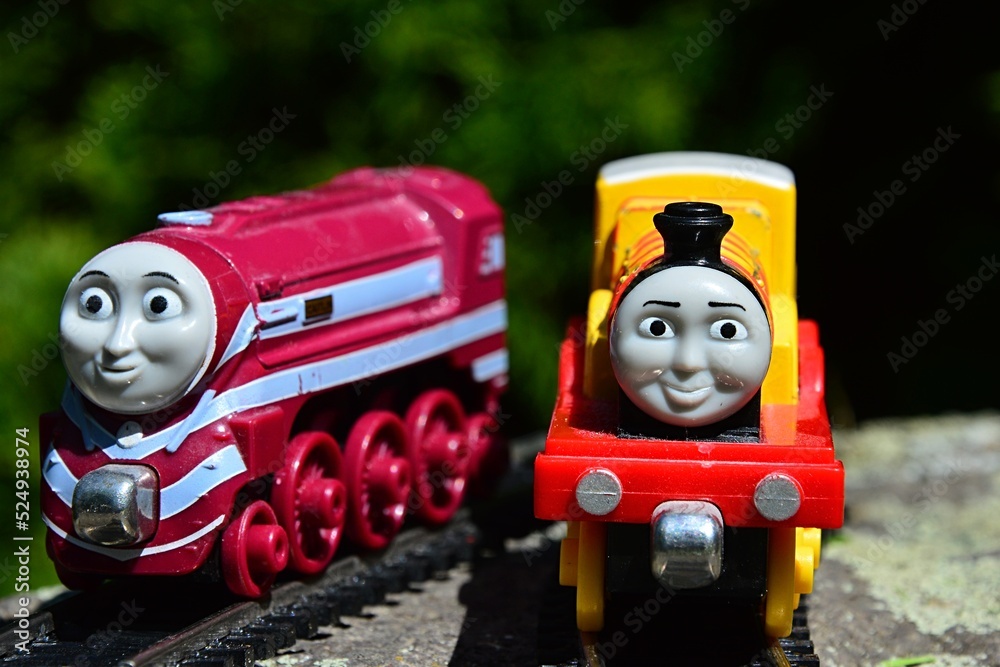 Front view of Molly and Caitlin cast iron models of trains from TV ...