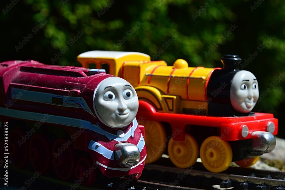 Molly and Caitlin cast iron models of trains from TV cartoon Thomas The ...