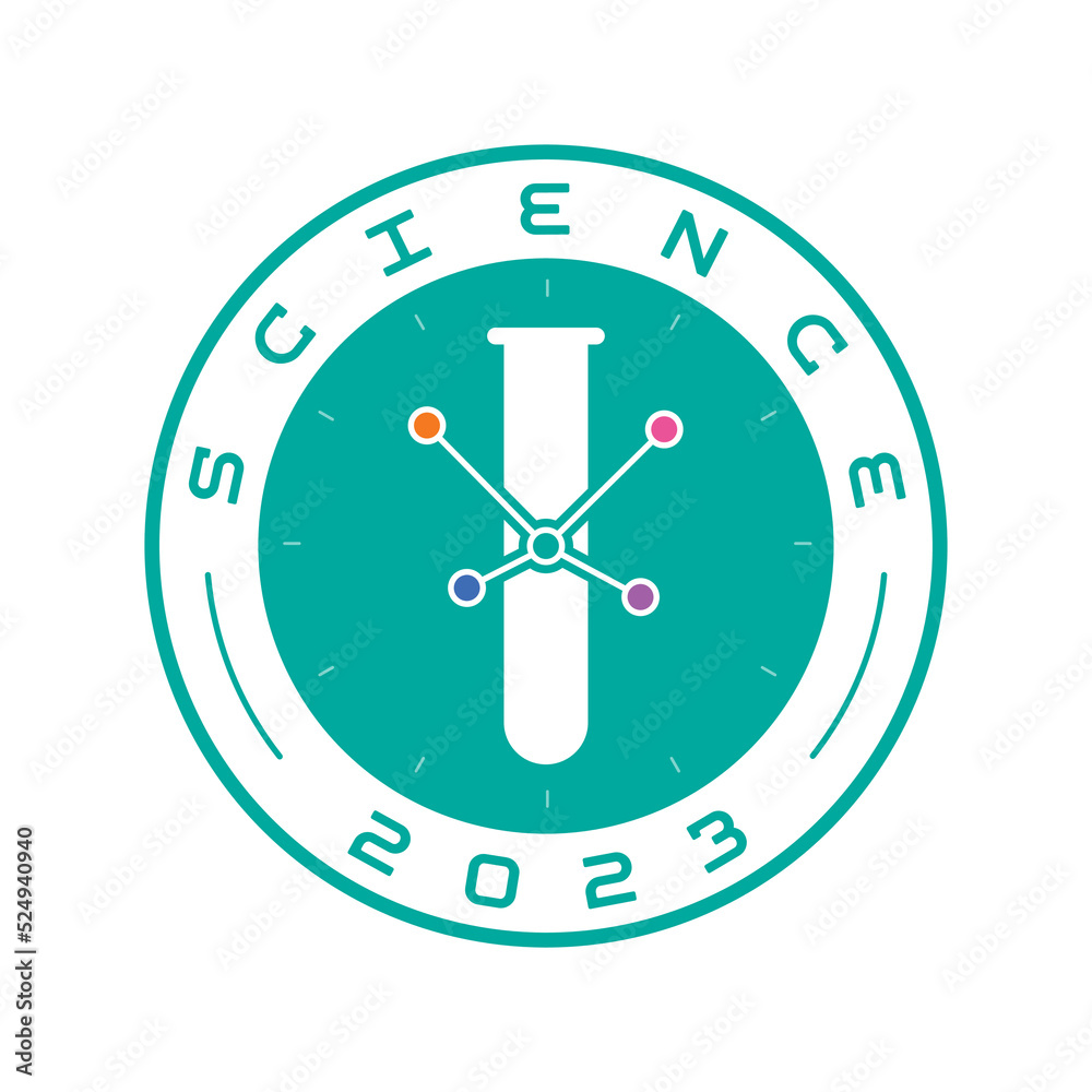 science 2023, test tube and molecule symbol. round science concept ...