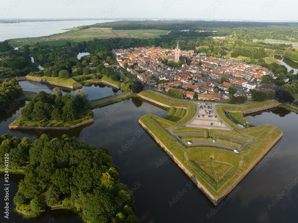 Fortified ancient old historic town of Naarden Vesting overhead aerial ...