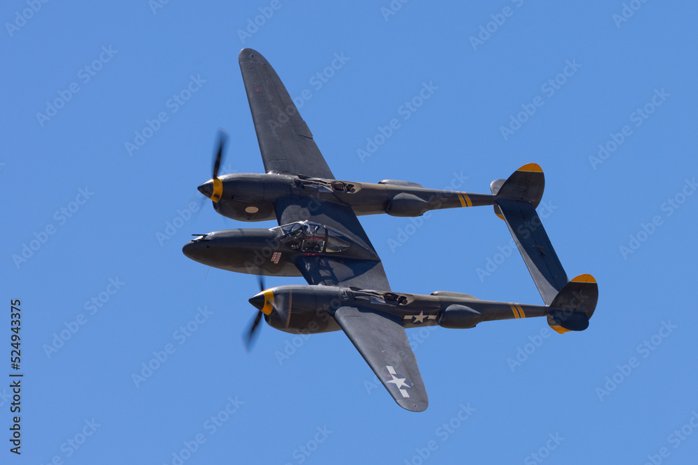 Very close side view of P38 Lightning (WWII American fighter plane ...
