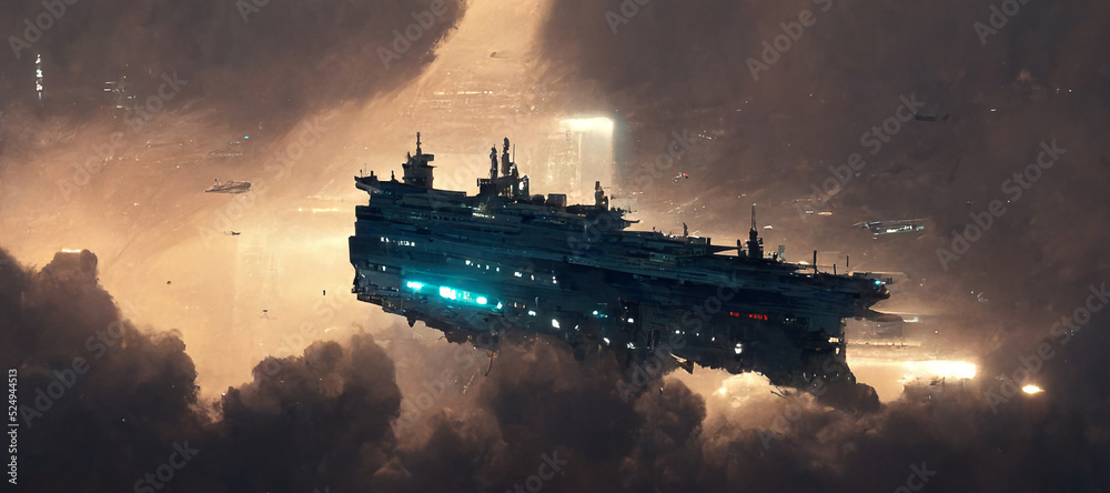 cyberpunk aircraft carrier cargo ship strongly Digital Art Illustration ...