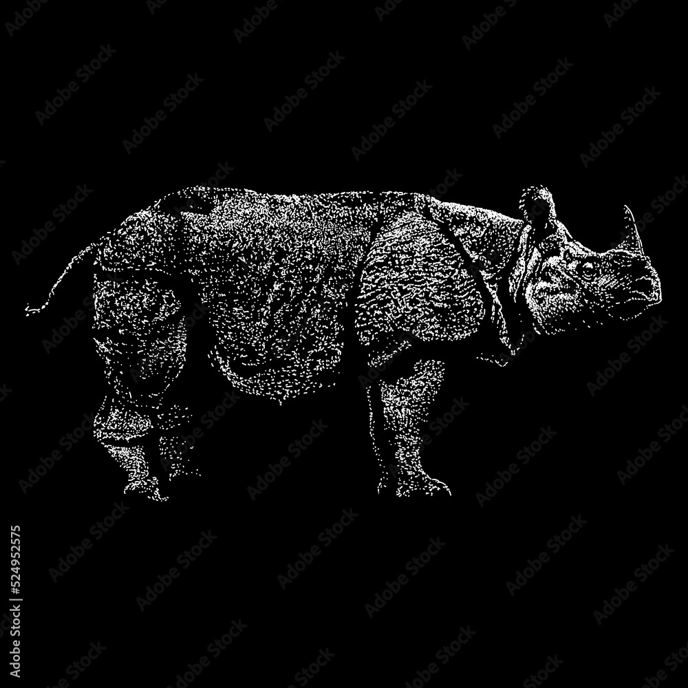 Javan Rhinoceros hand drawing vector illustration isolated on black ...