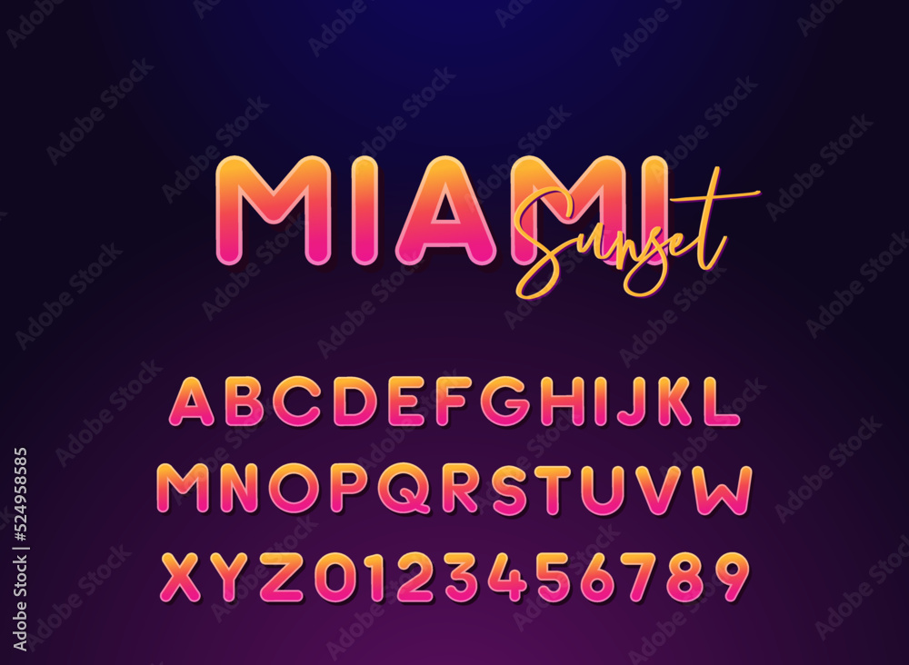 Miami sunset lettering typography round alphabet. Vector font for ...