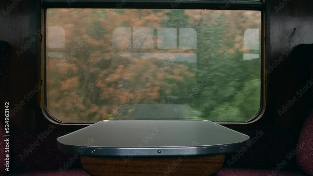 Travelling in a retro old vintage railway train locomotive carriage car ...