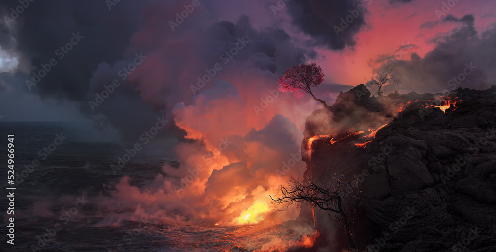Beautiful landscape of lava flowing from shore into the ocean, cherry ...