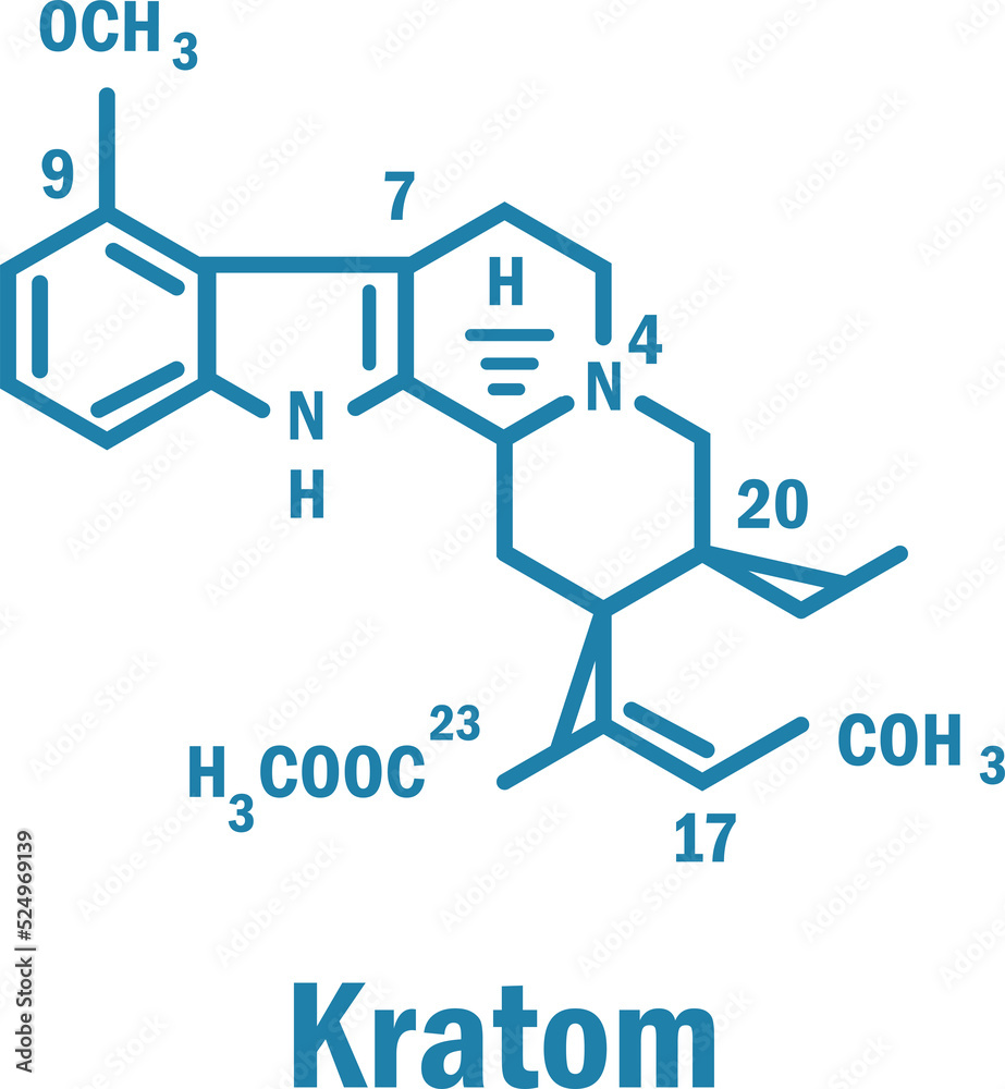 Kratom Mitragyna speciosa skeletal formula molecular structure in ...