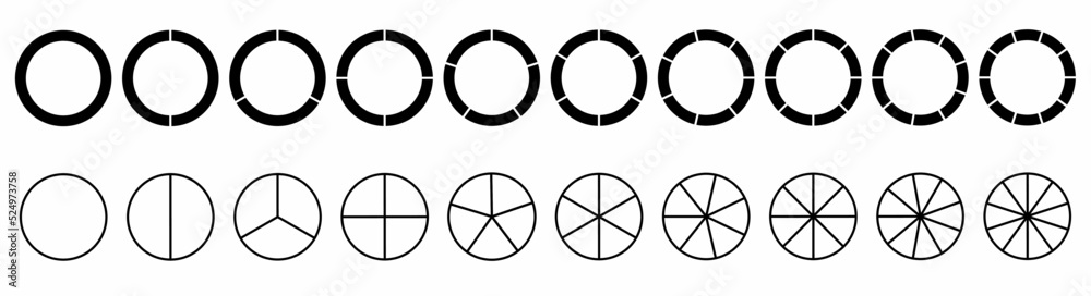 divided circles icon set isolated on white background.Segmented circles ...