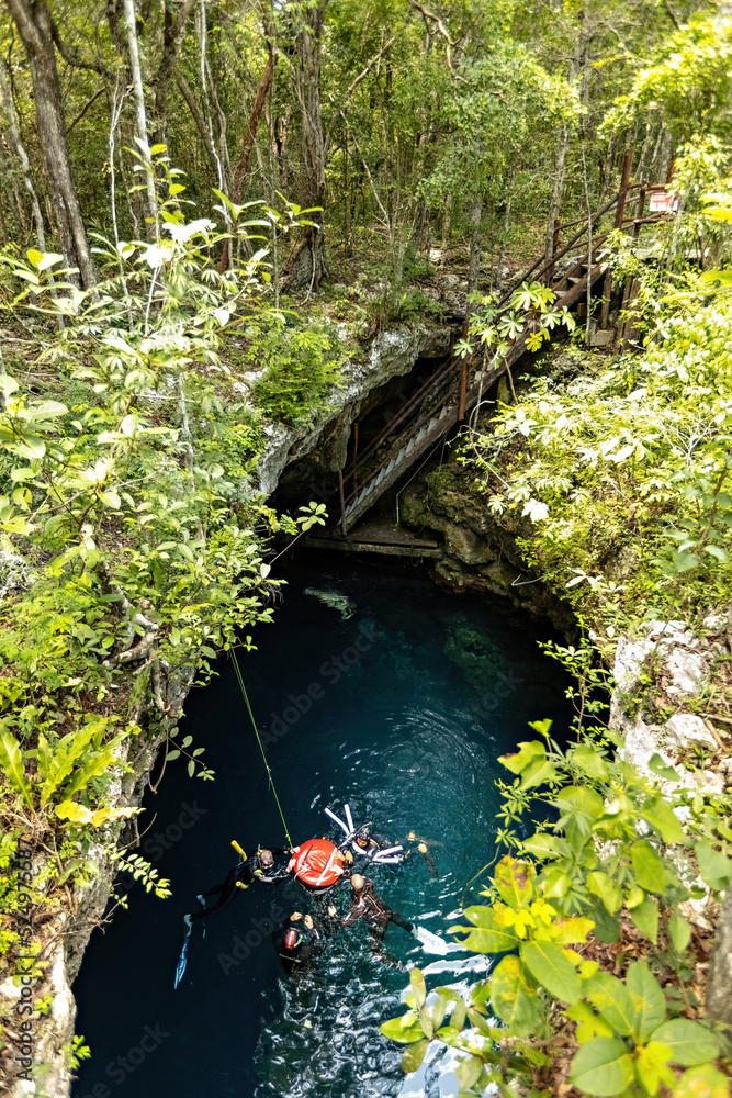 Cenote Pit top view, freediving session in the cenote of Mexico, Tulum ...