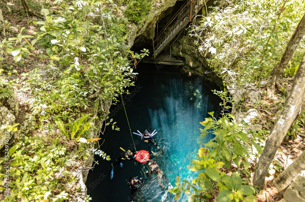 Cenote Pit top view, freediving session in the cenote of Mexico, Tulum ...