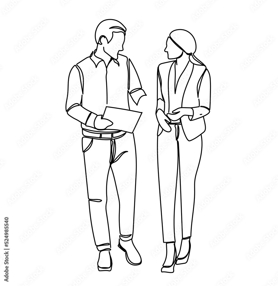 Two people walking Continuous One Line Drawing. People walking Outline ...