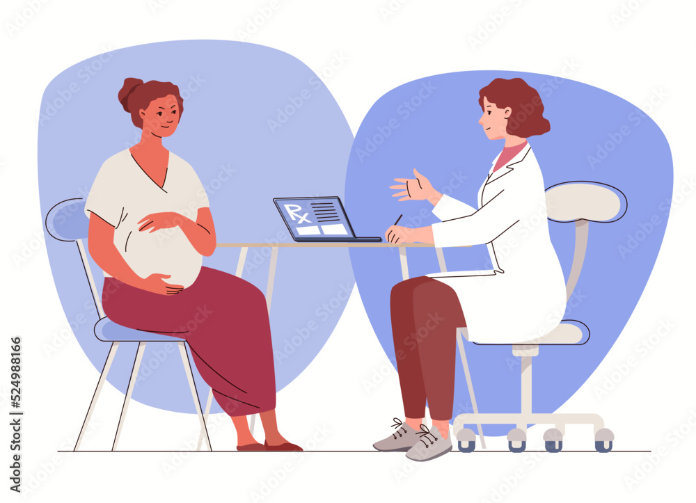 Pregnant woman at reception at gynecologist. Doctor's advice and ...