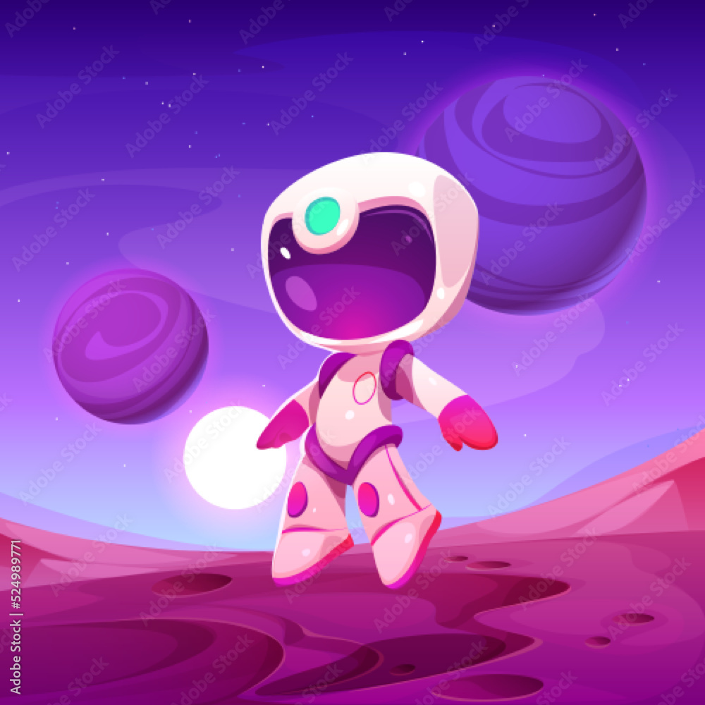 Cute spaceman jump on alien planet ground. Vector cartoon illustration ...