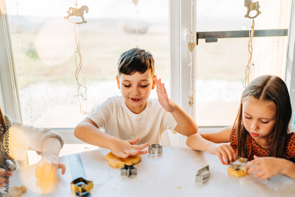 Happy kids cooking cookies bakery together and having fun with flour ...
