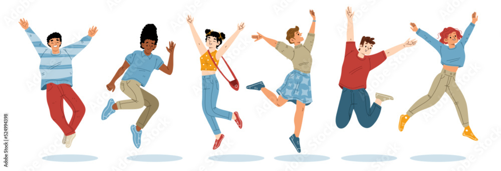 Happy people jump with raised arms, cheerful characters feel positive ...