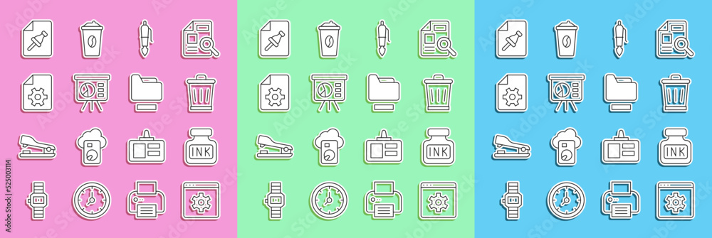 Set line Browser setting, Inkwell, Trash can, Fountain pen nib, Board with graph, Document ...