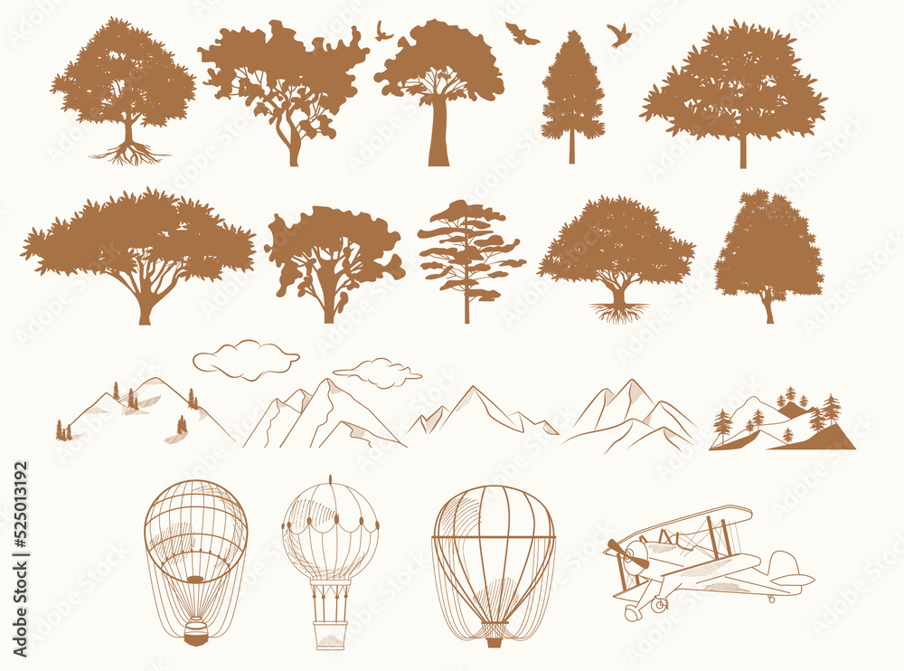 Collection of landscape elements linear symbols, icons design. Tree ...