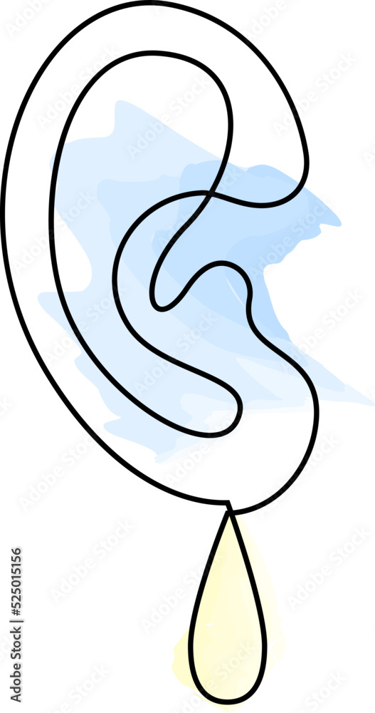 Ear with drop continuous line drawing. Ear infection. Inflammation and ...