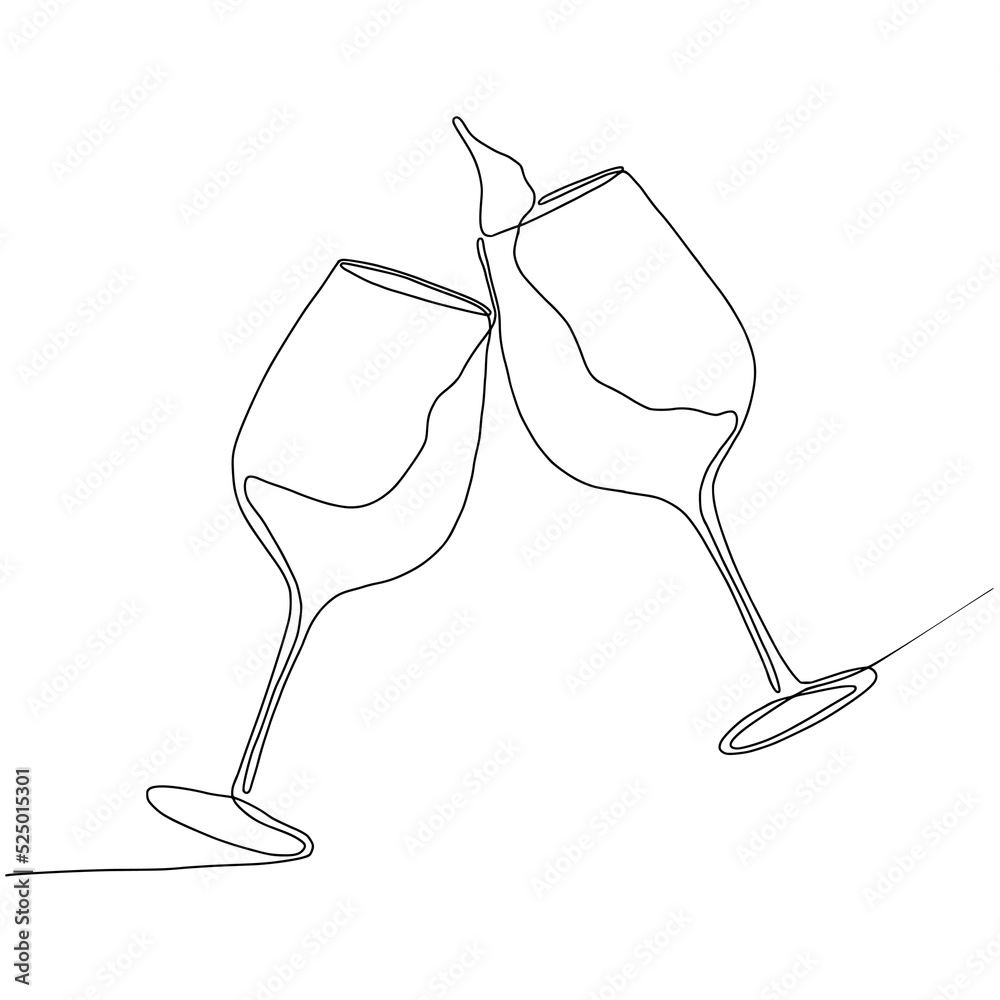 Line art of two wine glasses cheering for celebration moments isolated ...