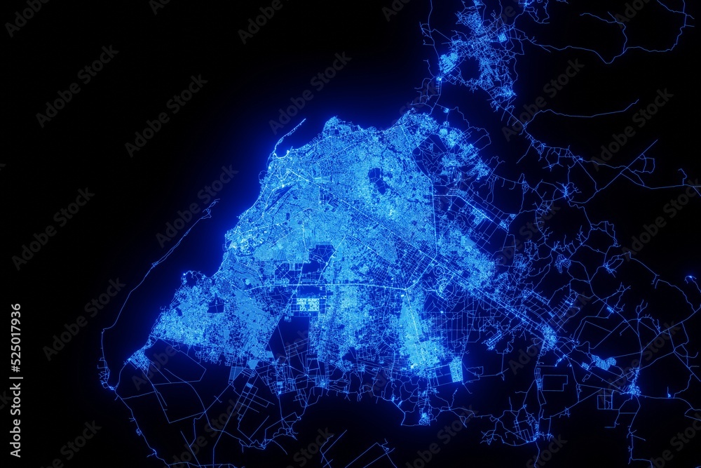 Street map of Luanda (Angola) made with blue illumination and glow ...