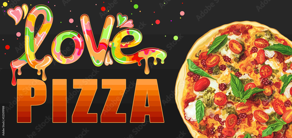 Love pizza. Pizza advertisement. Pizza drawing on a black background ...