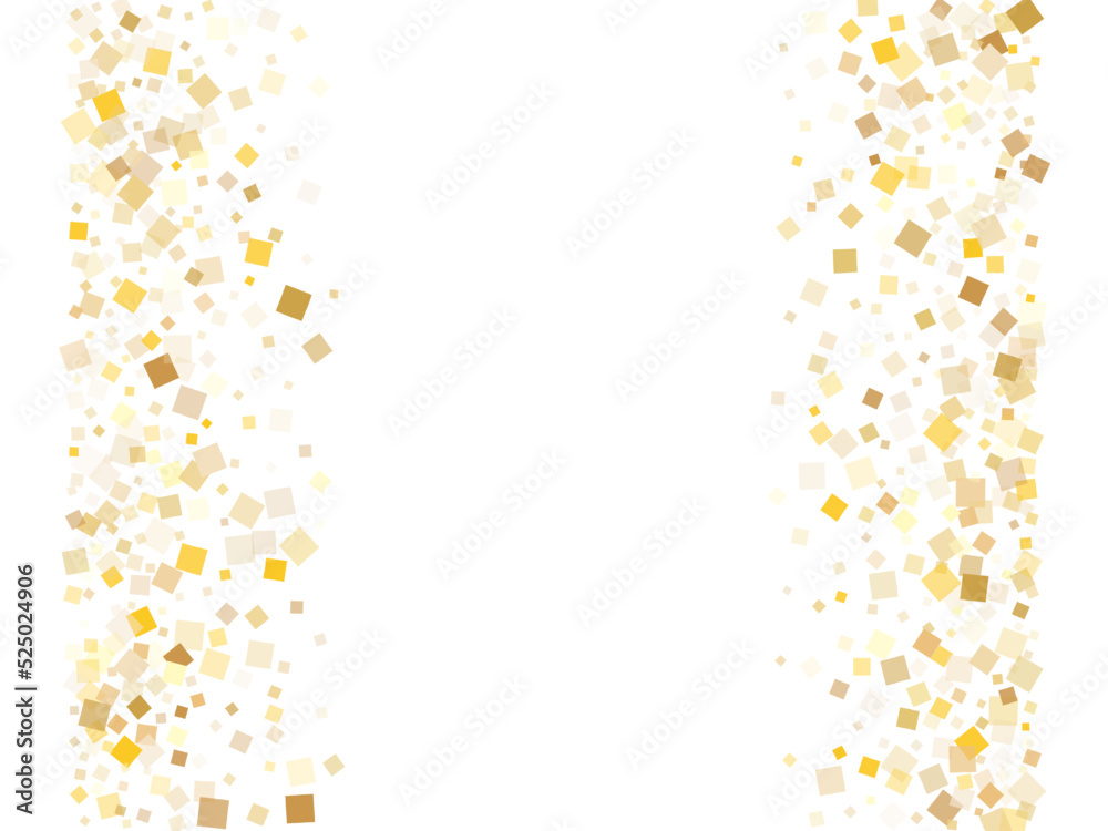Stylish gold square confetti tinsels flying on white. Shiny holiday ...