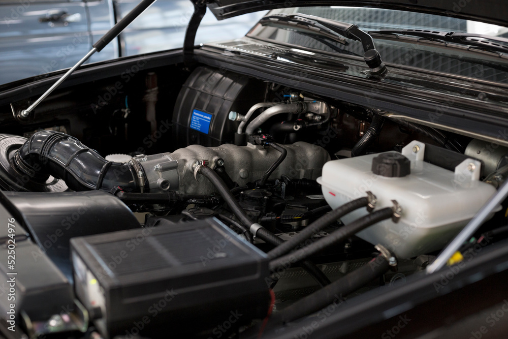 Russia, Izhevsk - August 20, 2021: UAZ showroom. Engine compartment of ...
