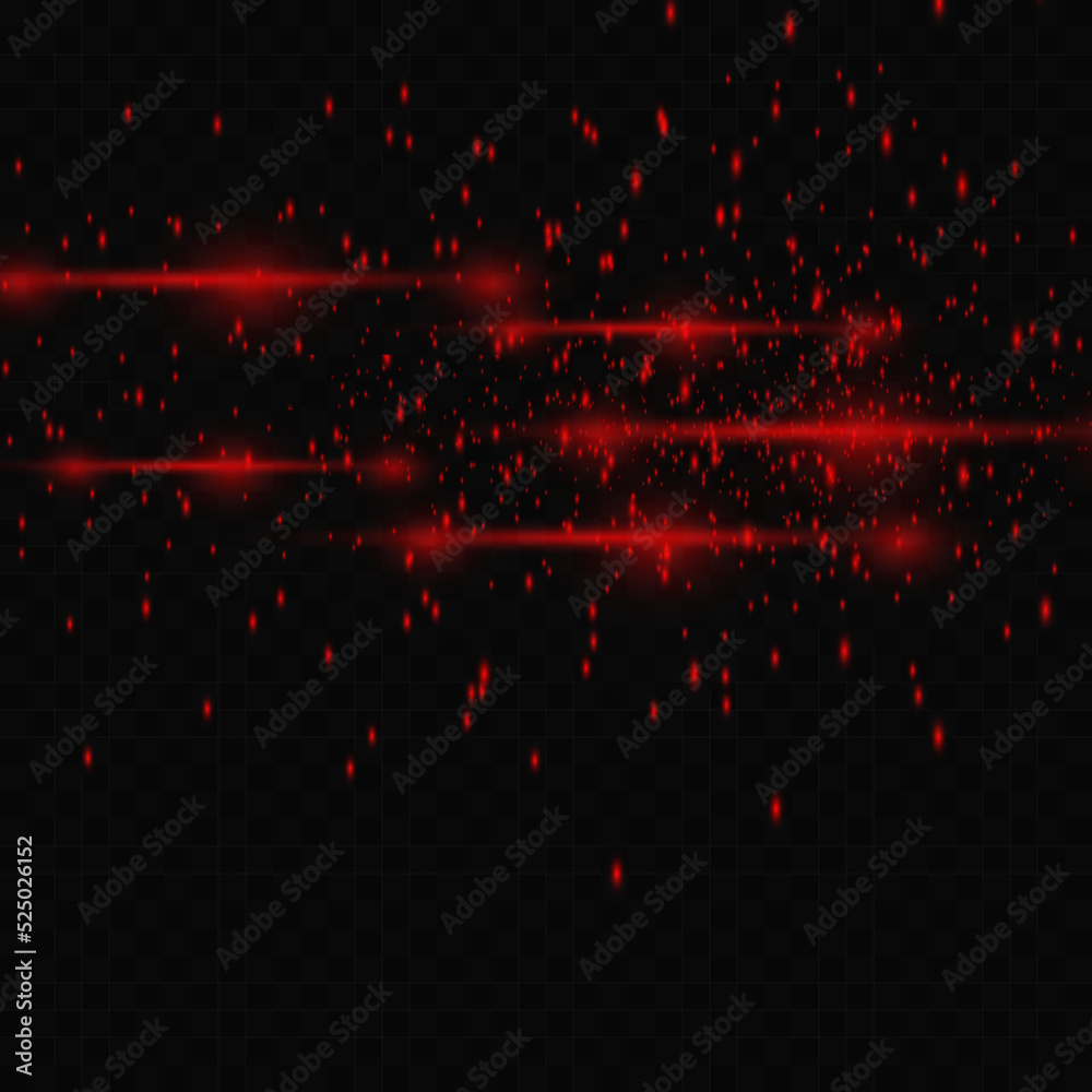 Red glowing beam of light exploded, star, explosion with dust and ...