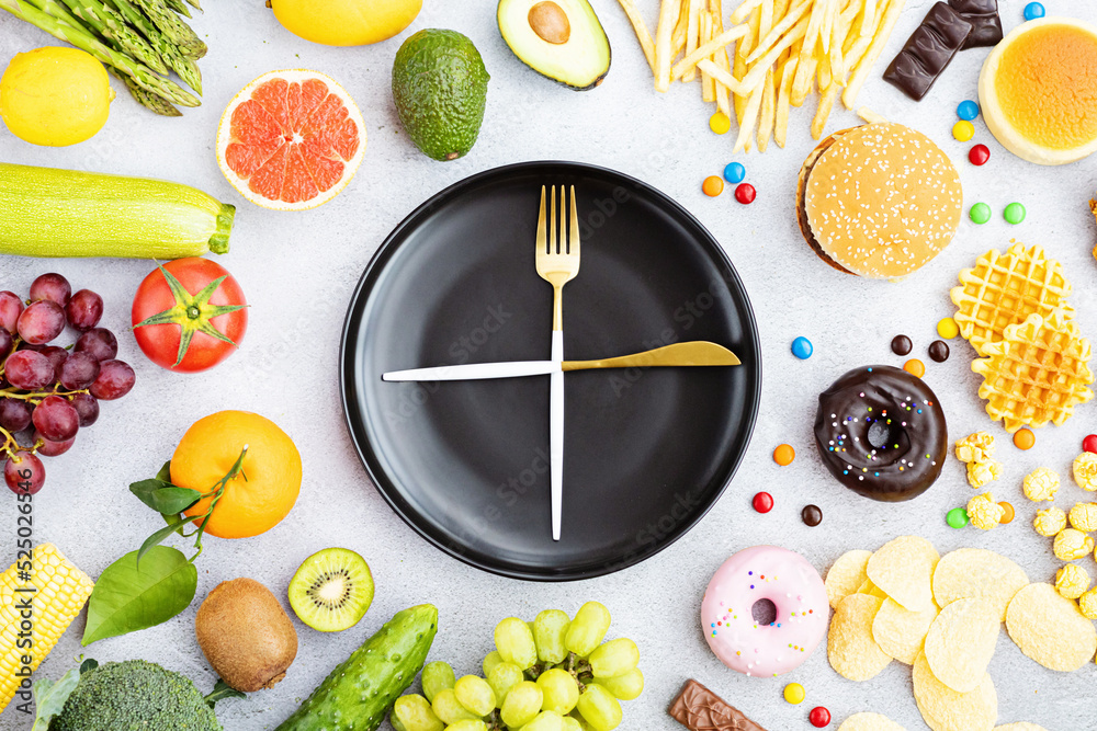 Flat lay of Healthy and unhealthy food from fruits and vegetables vs ...
