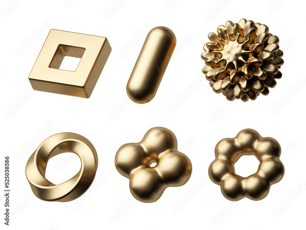 3d rendering. Different geometric golden shapes collection. Modern ...
