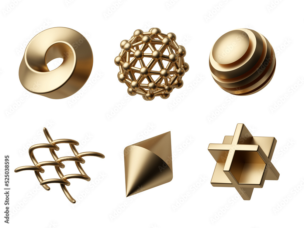 3d rendering. Different geometric golden shapes collection. Modern ...