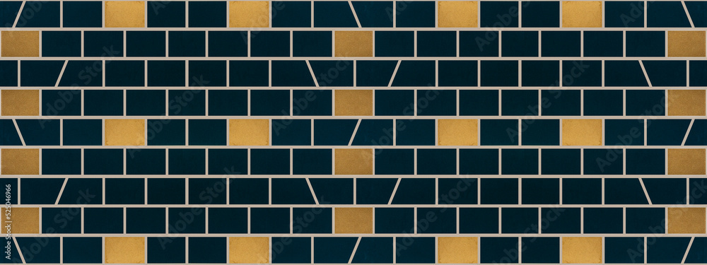 Abstract blue yellow brick tiles wall texture wide background banner ...